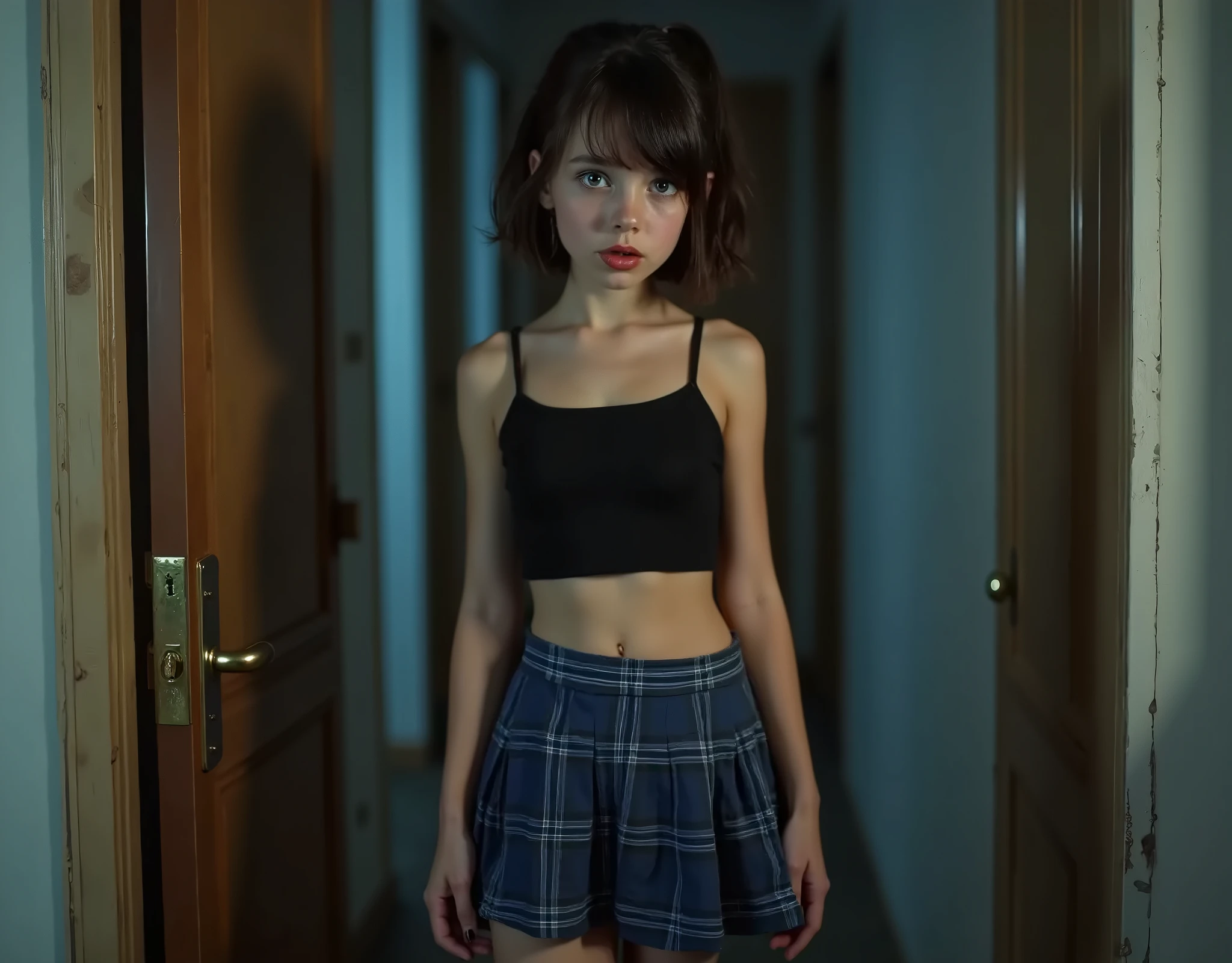 There is a woman standing in a hallway with a skirt on - SeaArt AI