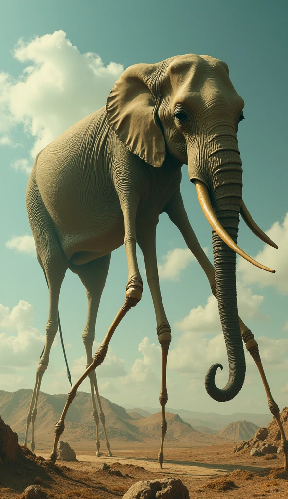 Live-action、 an elephant with very long legs in the style of Salvador ...