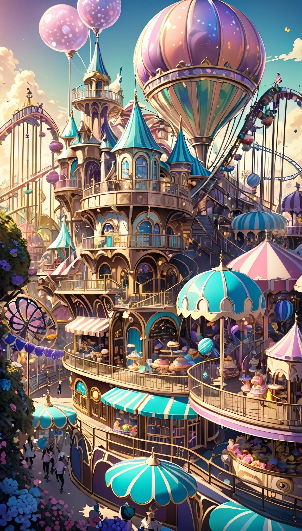 A painting of a carnival ride with a carousel and a carousel ride ...