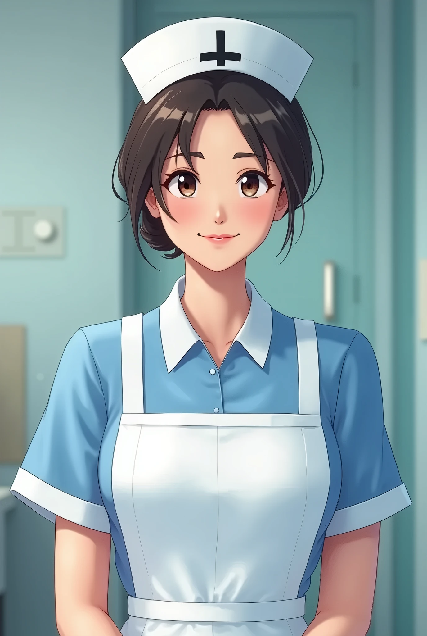 Anime nurse in uniform standing in a hospital room with a blue door ...
