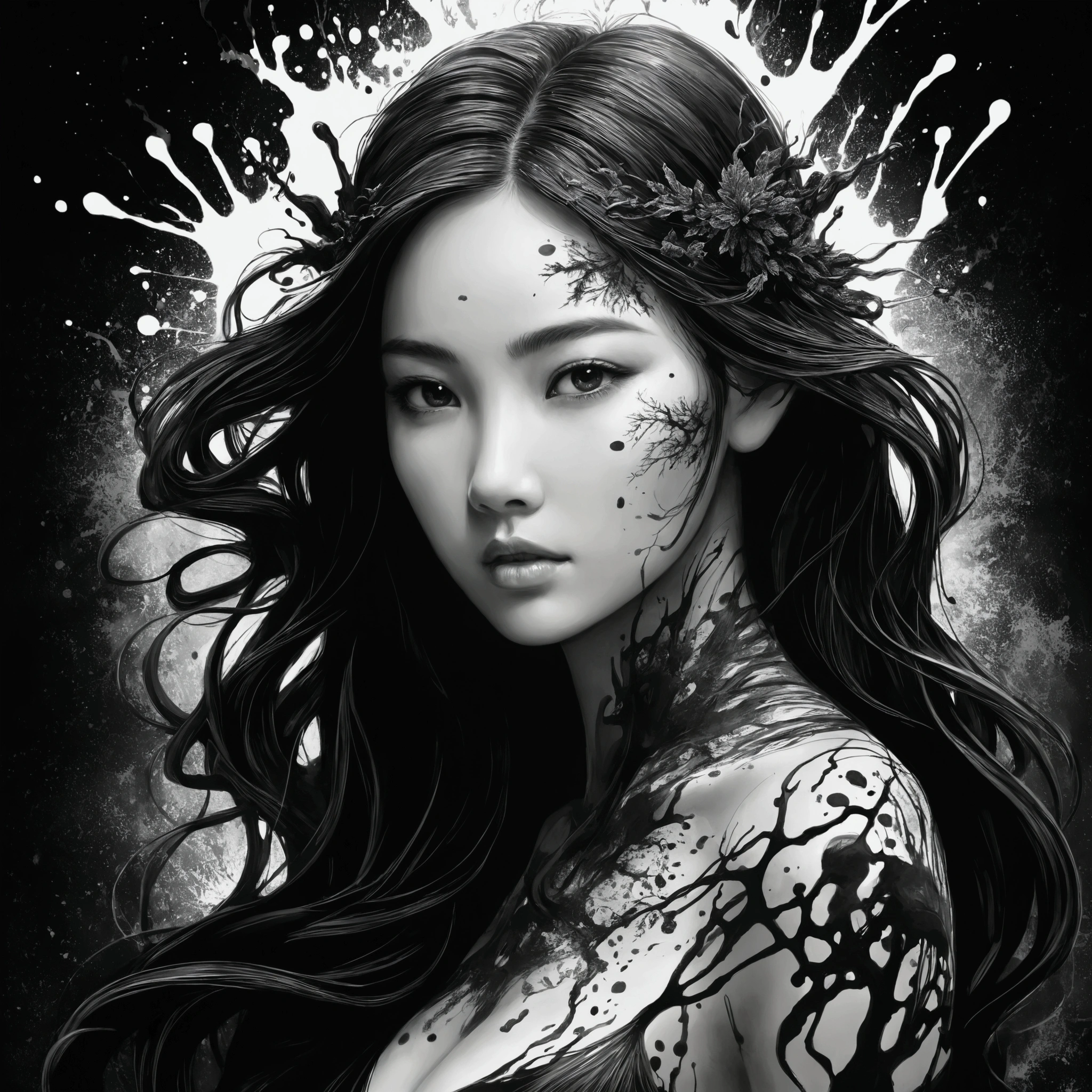In dark fantasy ink splash art :1.3))), Portrait of a beautiful ...