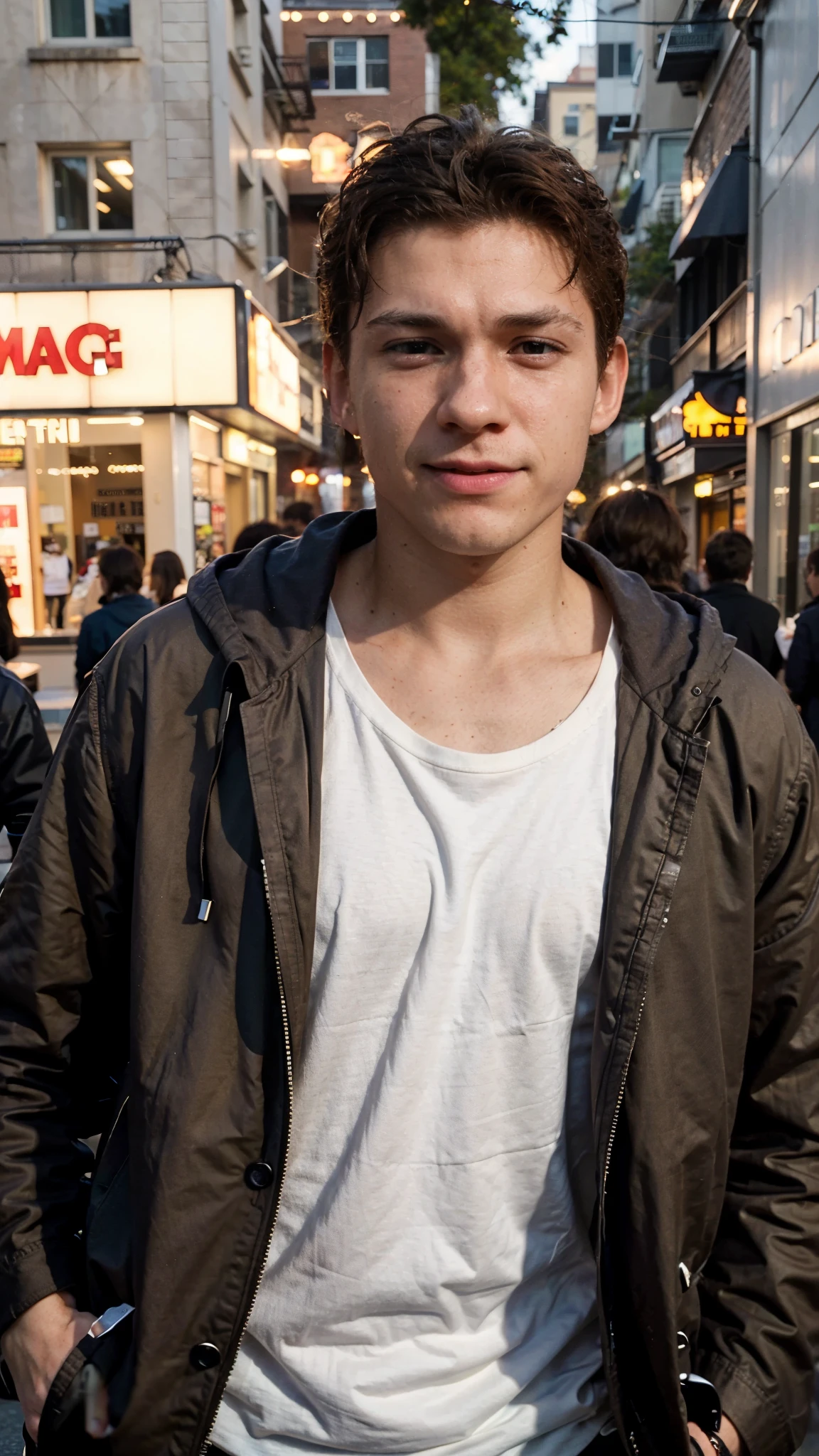 Arafed man in a white shirt and black jacket standing in a crowded ...