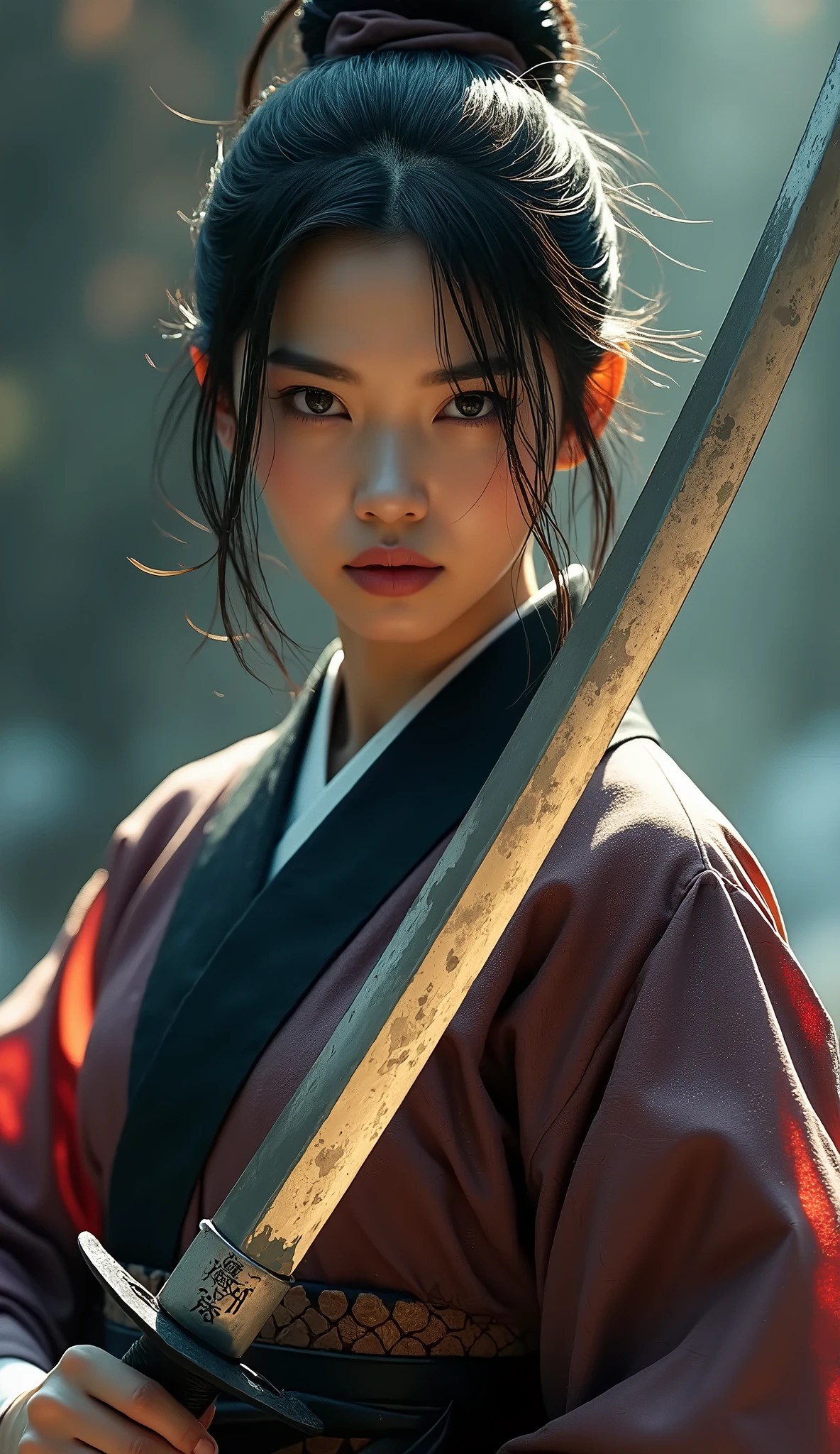 Beautiful Japanese female warrior is holding a reflective shiny katana ...