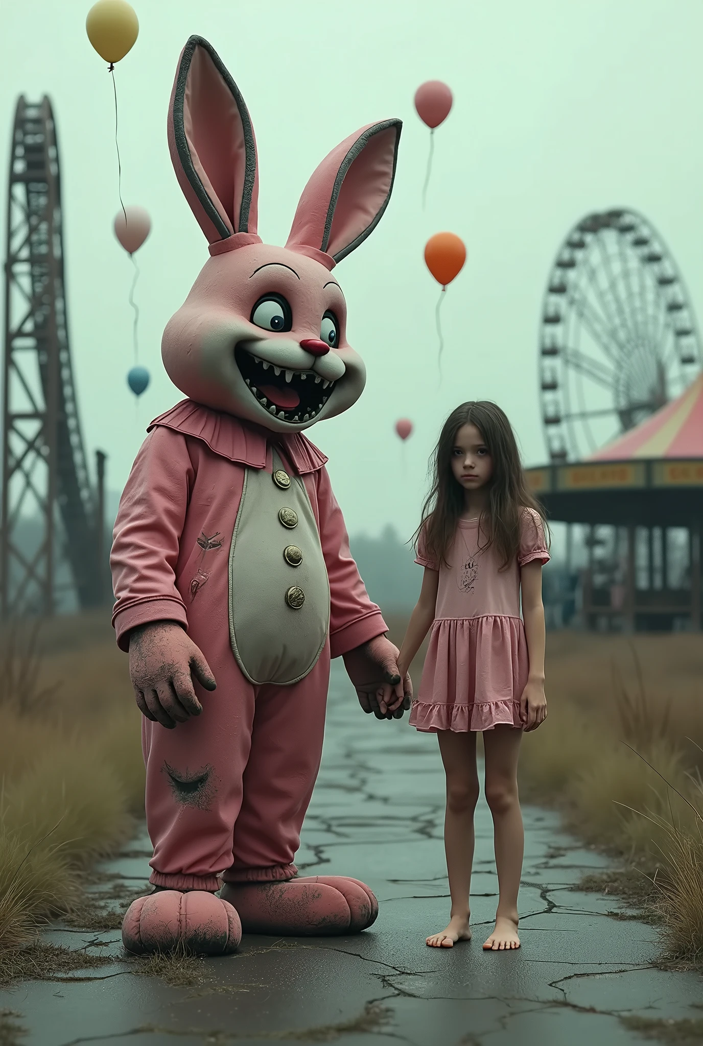 a laughing, viejo, andrajoso, mascot costume pink rabbit with balloons ...