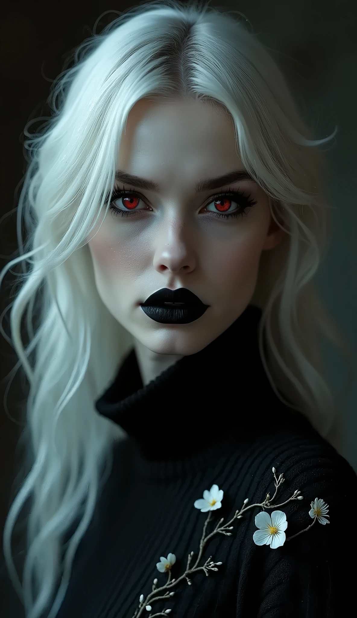 " Creates a portrait in the foreground of a mysterious woman with pale ...