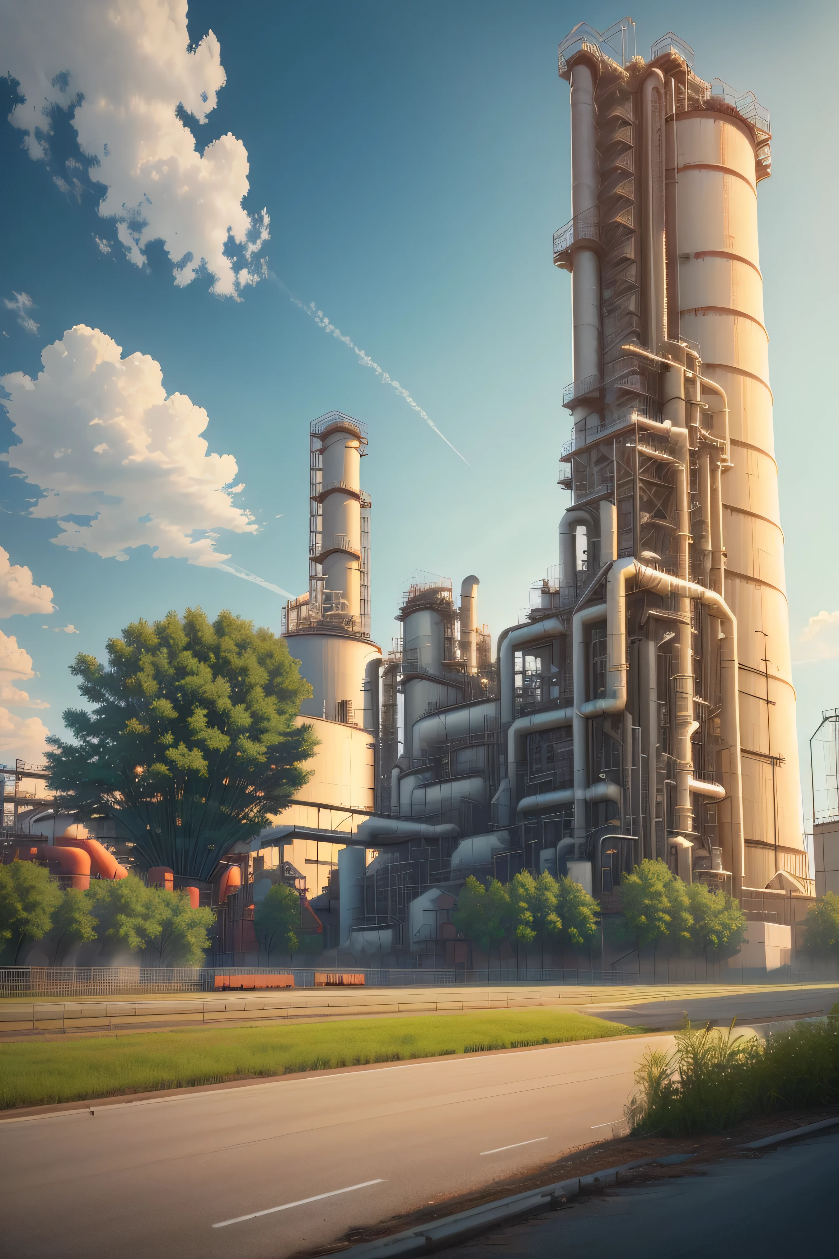 There is a large Chemical fertilizer factory, with a lot of pipes and ...