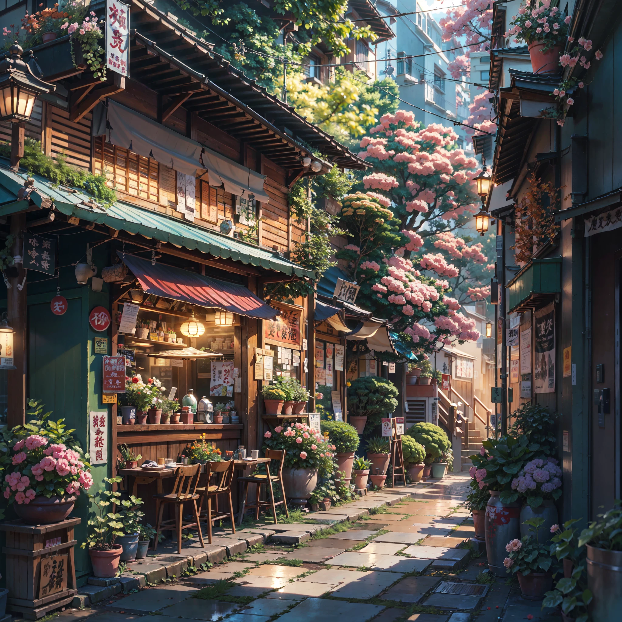 Japanese restaurant in a compact alleyway, front-view, sunrise - SeaArt AI
