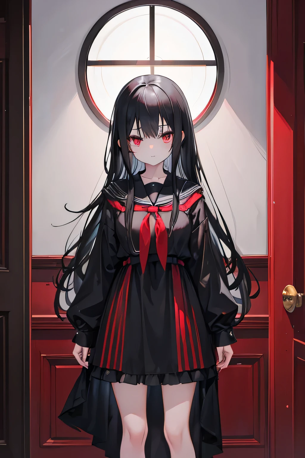 1girl, long black hair, red eyes, wearing black dress, Yandere - SeaArt AI