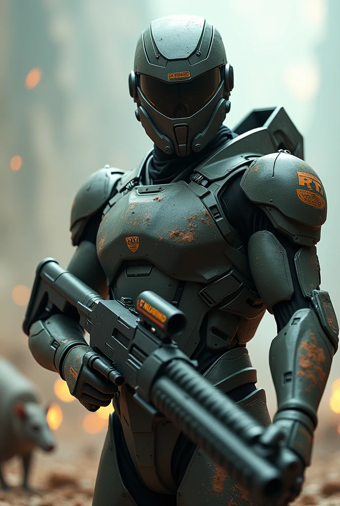 Close-up photo of Futuristic soldier with big flame-thrower with brand ...