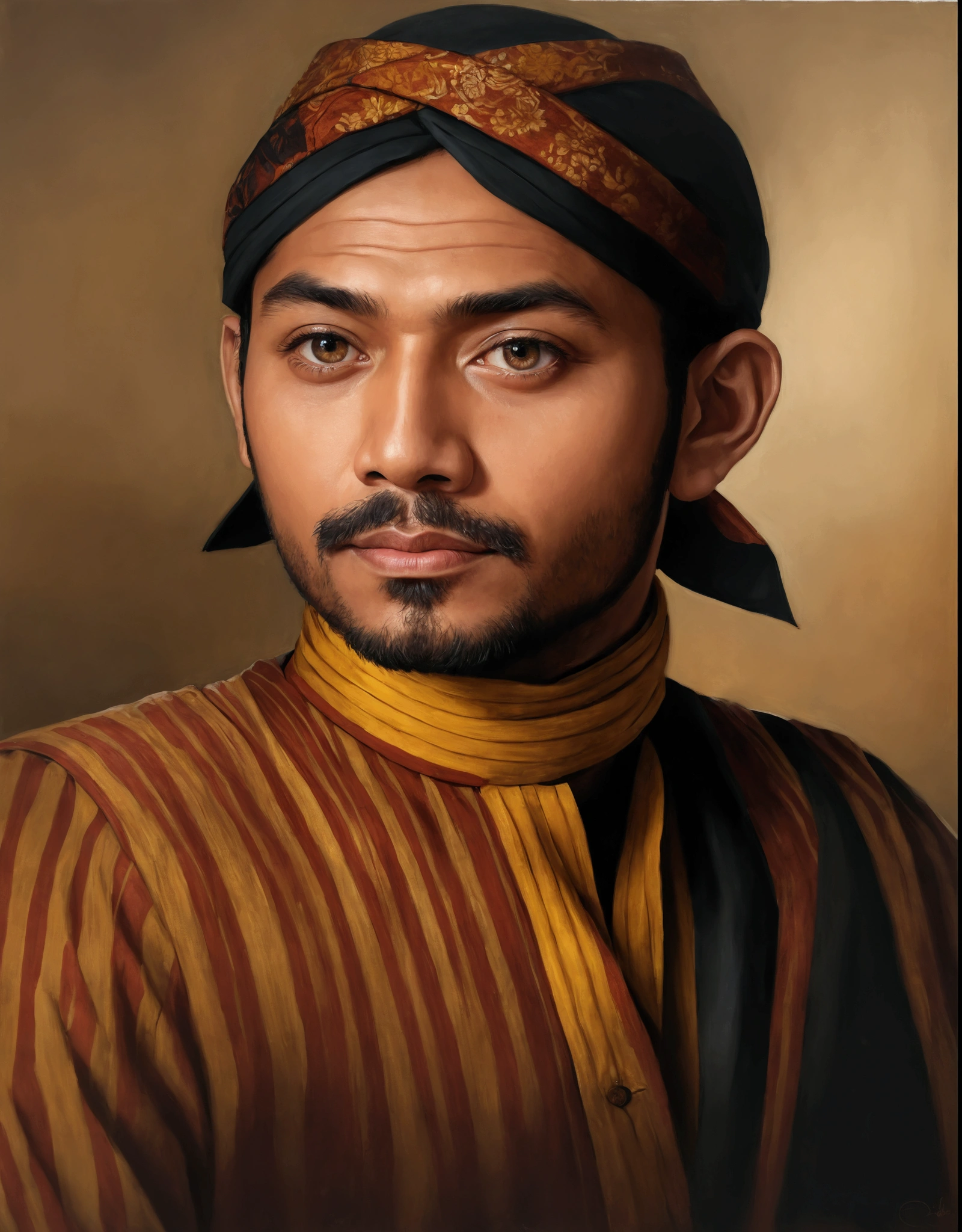 Realistic portrait of a handsome man wearing batik and blangkon - SeaArt AI