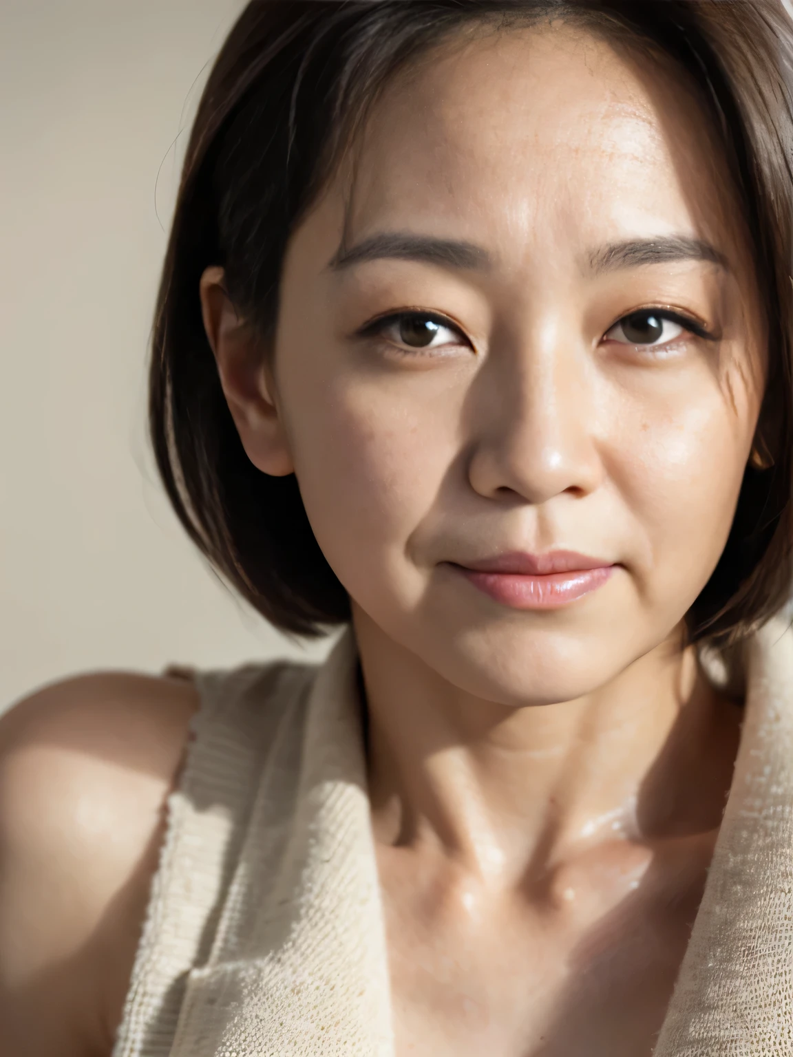 (wrinkles:1.2), A Japanese middle-aged woman with visible soft wrinkles ...