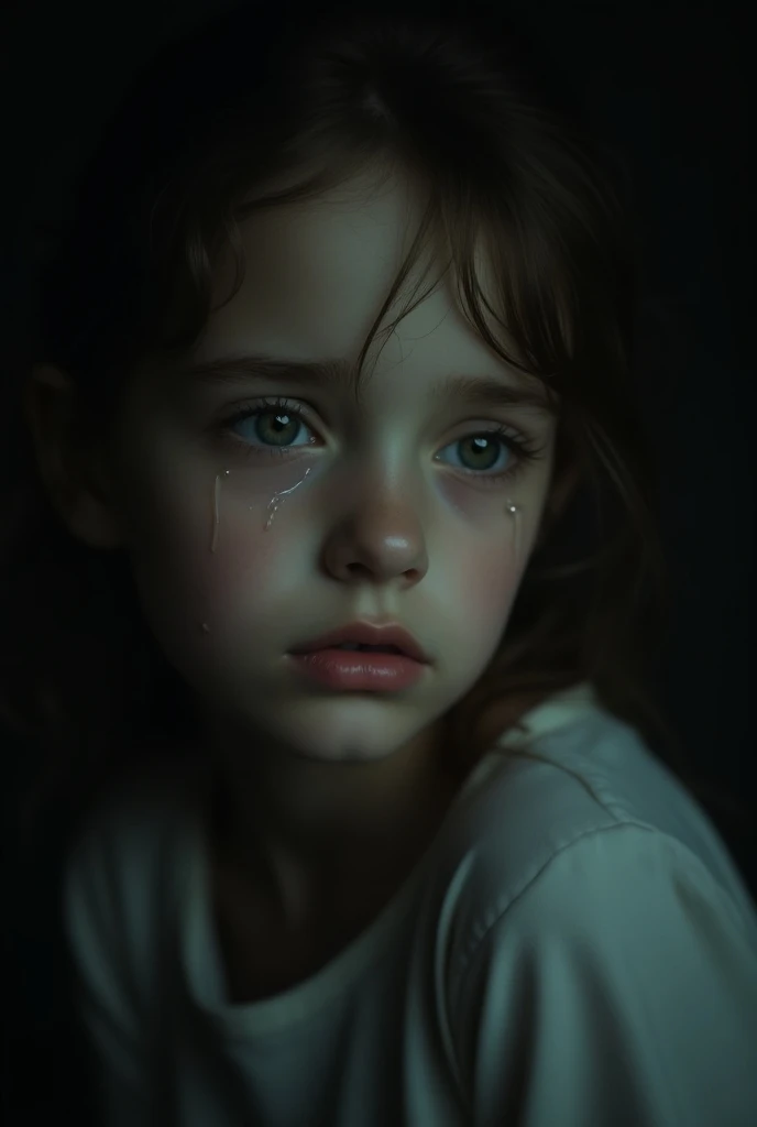 A melancholic portrait of a young girl's tear-stained face, captured in ...