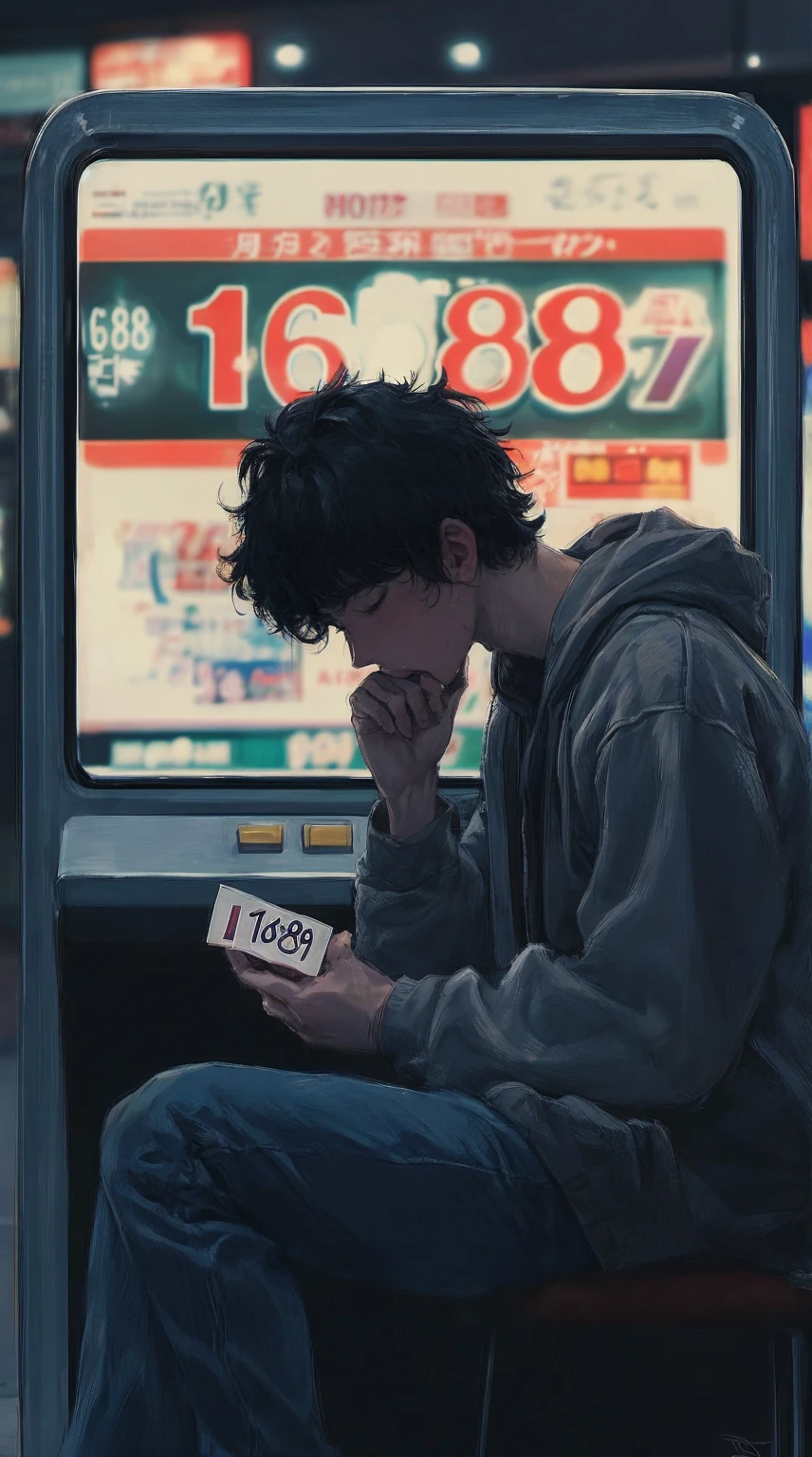 Anime style, funny and sad, a man feeling sad because he missed the ...