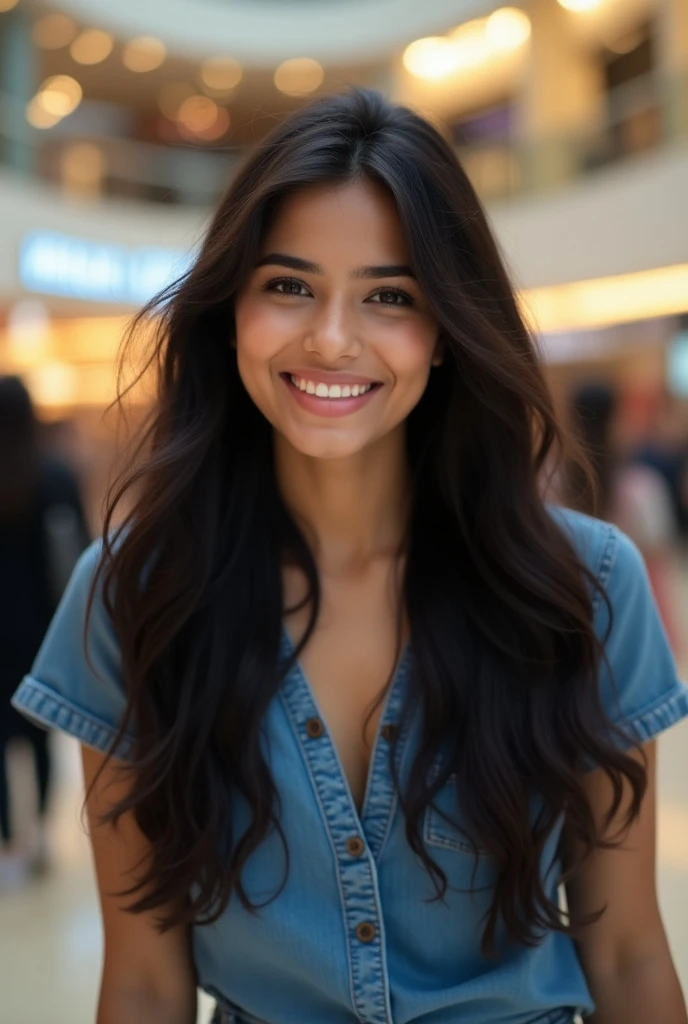 Indian girl long hair beautiful smiling face dress style jeans top shoping mall - SeaArt AI