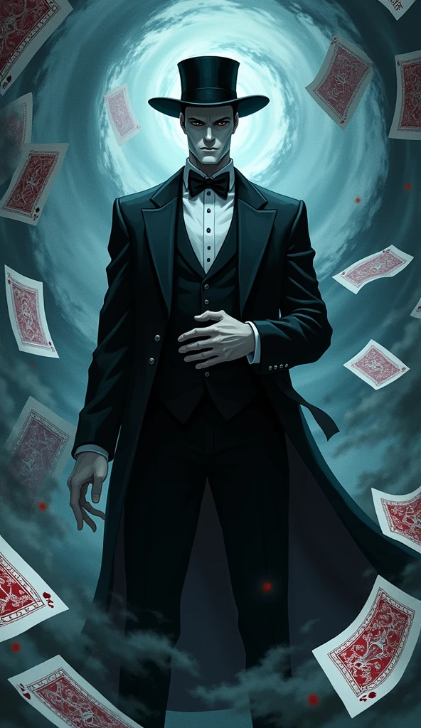 A scary magician in a black tuxedo and a black hat wearing a white face ...