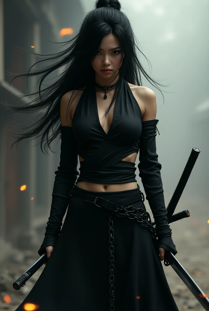 A female japanese ninja with flowing black hair in short ninja outfit ...