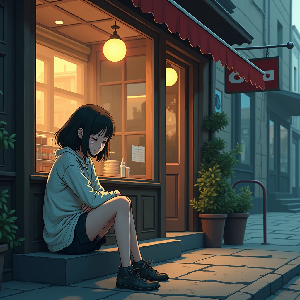 Sad Atmosphere, comic art style, anime realism, crying girl sit outside ...