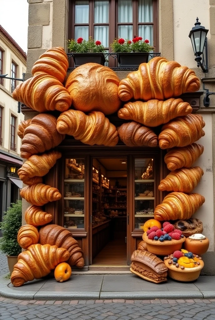 A photorealistic French bakery on a cobblestone street in a quaint ...