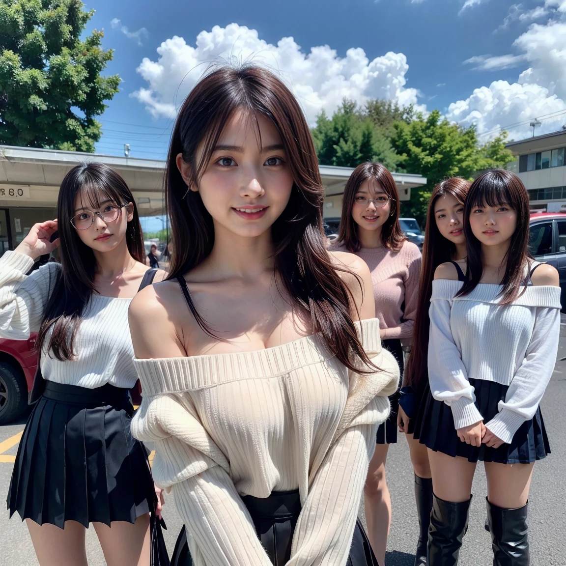 ((from below)), (extremely detailed face), grin, (multiple girls ...