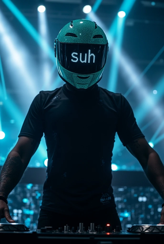 A dj with a techno motorcycle helmet with a full screen for the visor ...