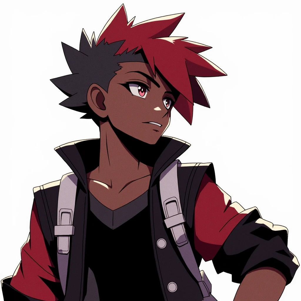 Pokémon trainer with dark skin and red hair stuck on the side - SeaArt AI