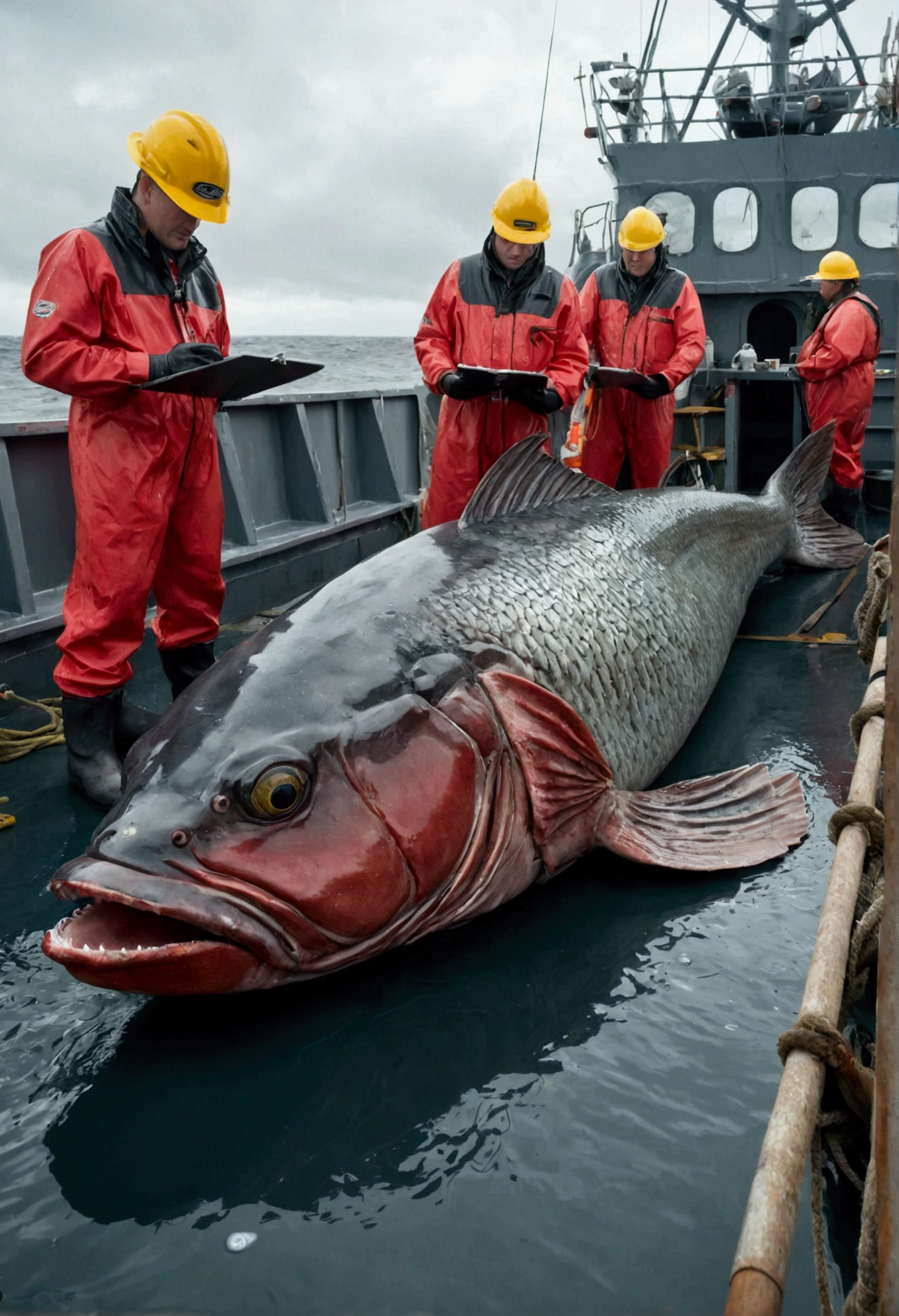 An ultra-realistic scene aboard an industrial fishing vessel - SeaArt AI