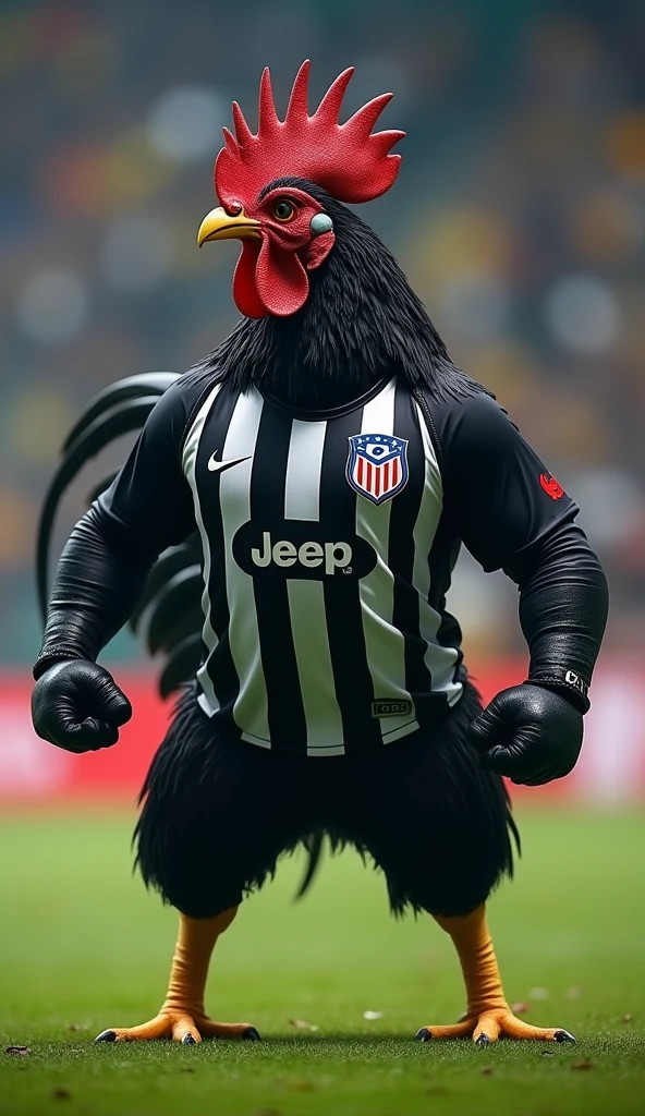 A powerful black rooster, with shiny feathers and a commanding stance ...