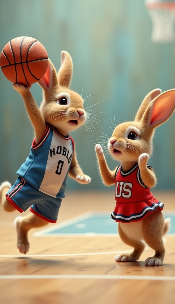 Portray a pair of miniature rabbits playing basketball , the male ...