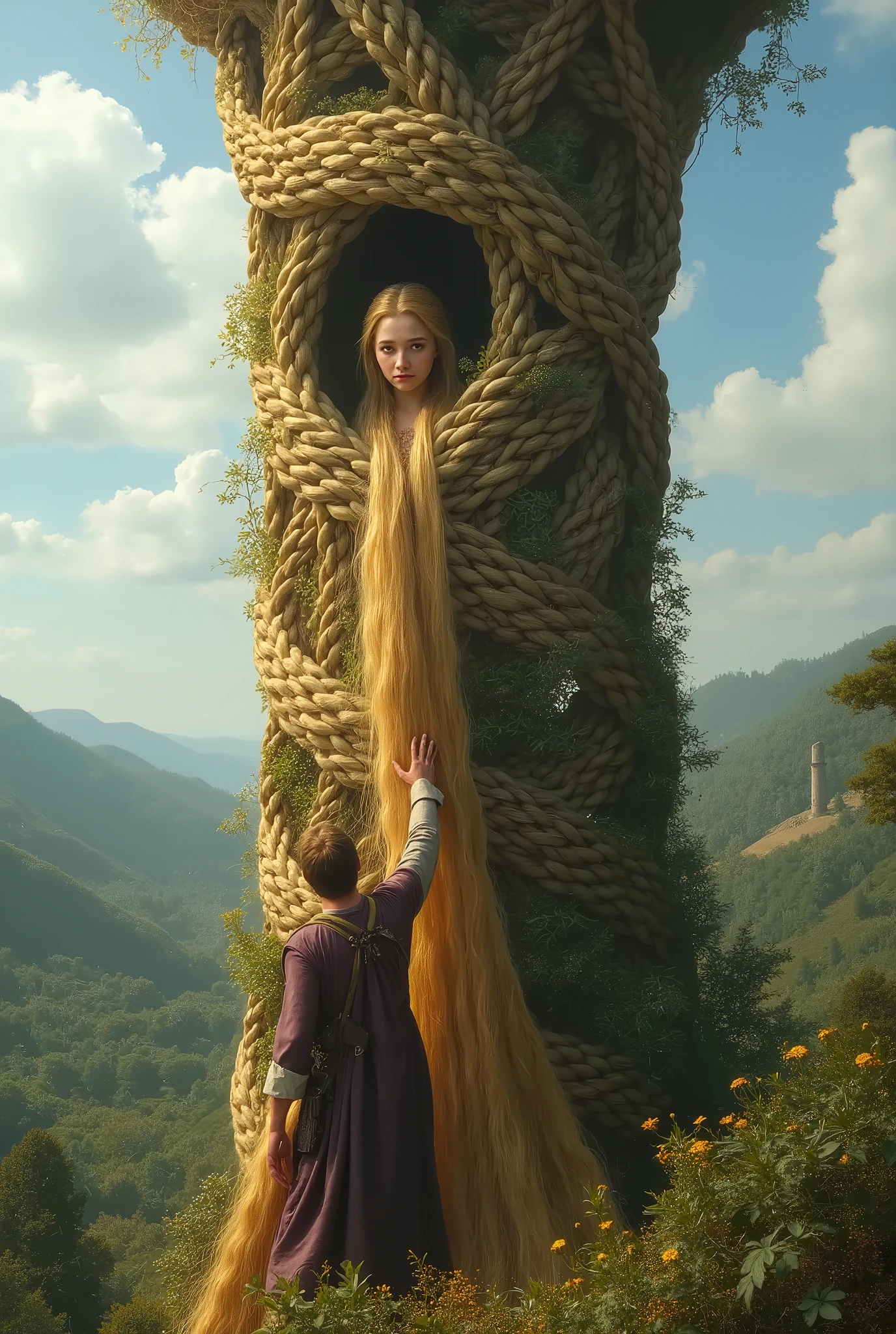 Rapunzel in a braided tower and a man trying to stake the tower of ...