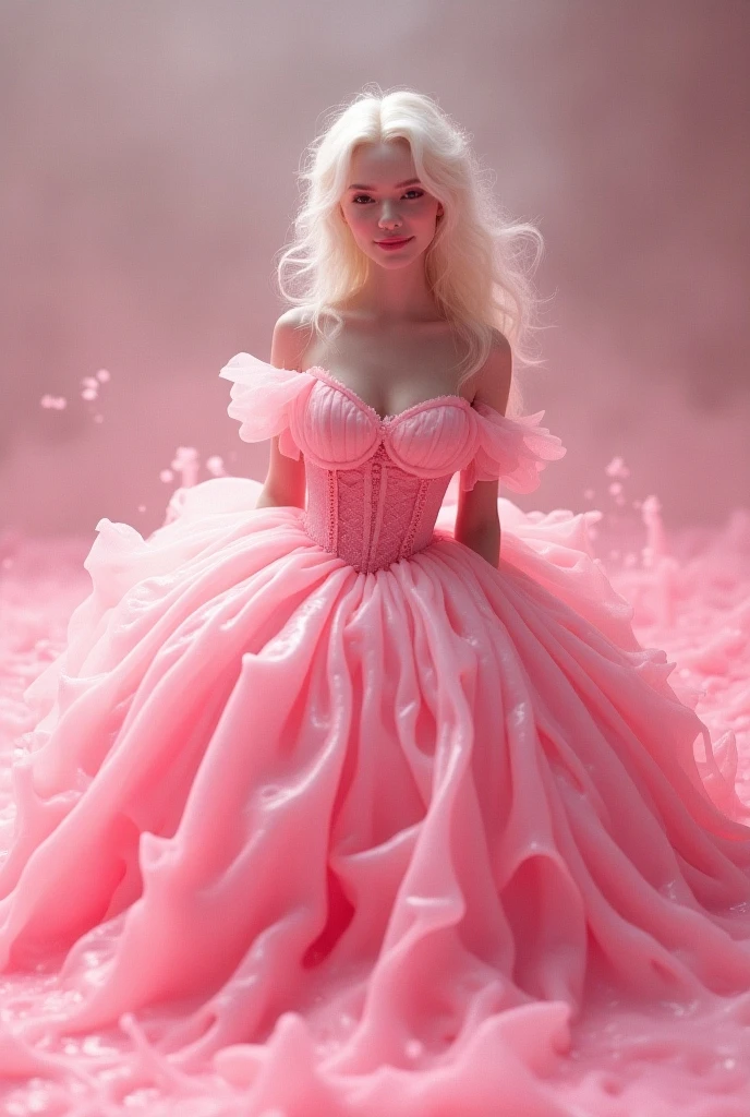 White blonde princess in a huge pink ballgown is melting into thick ...