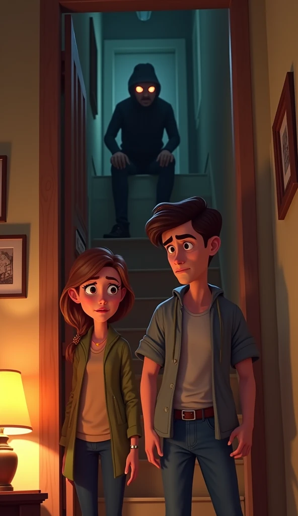 A thief hidden upstairs in a house, a lady standing with a man - SeaArt AI