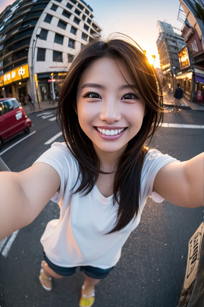 One person, ((fish eye, Selfie)), Wind, Dirty hair, sunset, Streetscape ...