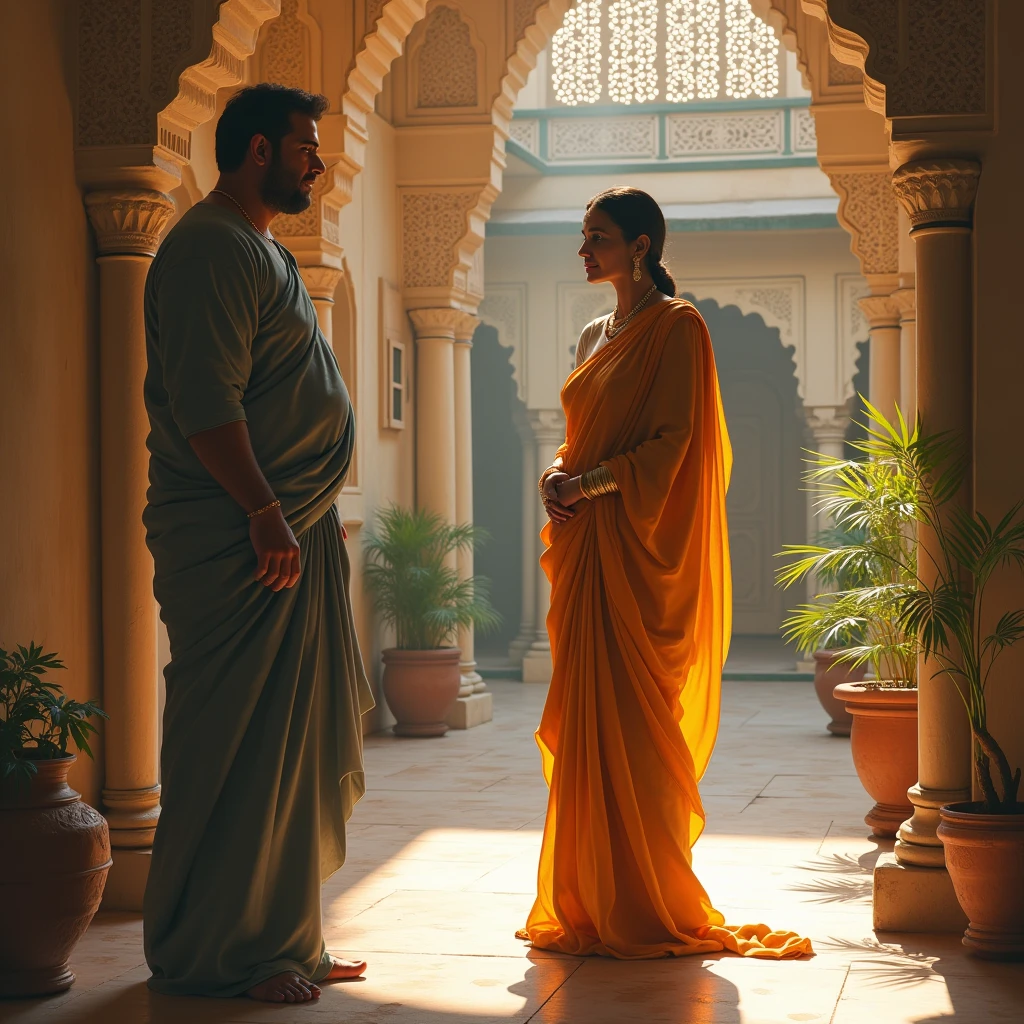 "A practical Rajasthani woman in a modest saree with minimal jewelry ...