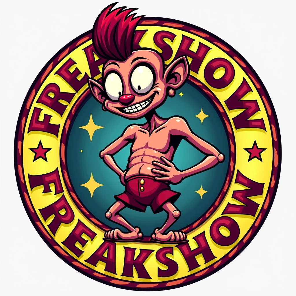 Cartoon freak mascot circus freakshow logo in circle text "freakshow ...