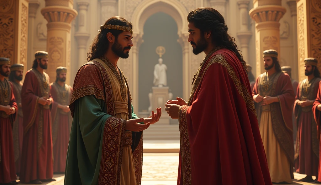 Create a realistic image of a Persian messenger standing before the ...