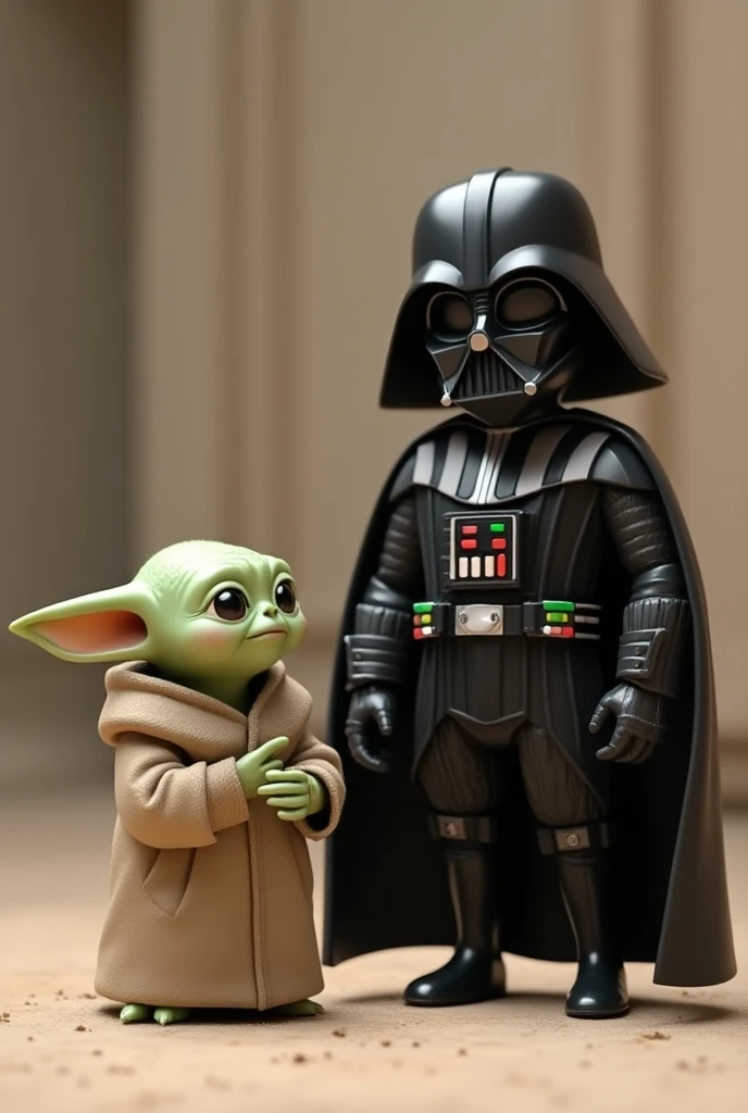 Baby Yoda and Darth Vader a smile agr looking at the camera and saying ...