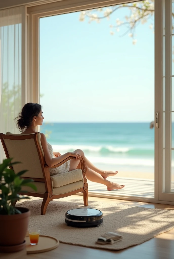 A person resting at her beach house, with a robot vacuum cleaning the ...