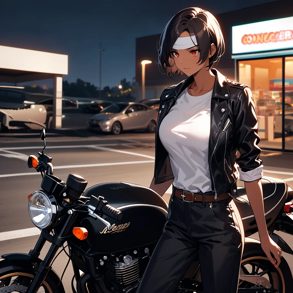 One woman standing, (straddling a motorcycle), parked motorcycle ...