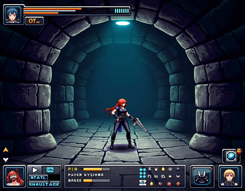 3D dungeon RPG game screen screenshot, Shin Megami Tensei. Cyberpunk - SeaArt AI