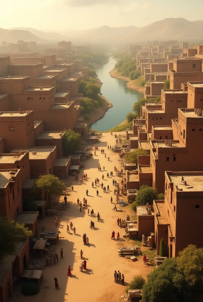 Introduction to Indus Valley: "A wide aerial view of a bustling ancient ...