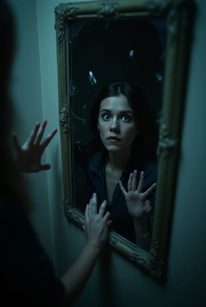 A terrified young woman (Sarah) with wide eyes, looking towards the ...