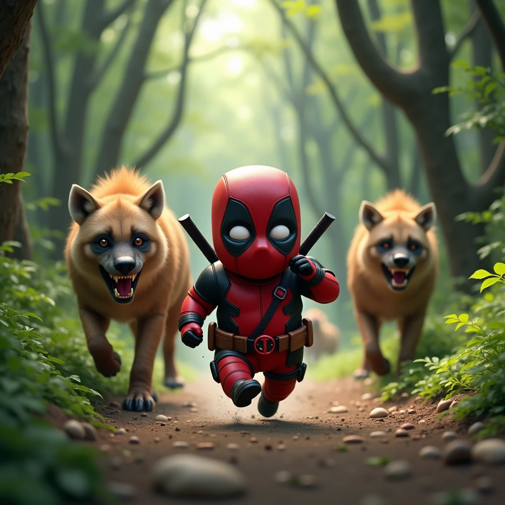 This image shows an adorable little Fat Deadpool a baby running scared ...