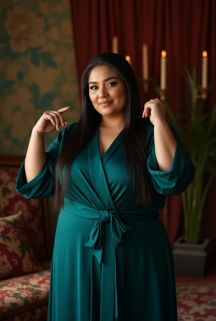 Imagine a plus-size chubby Iranian model with long, straight hair ...