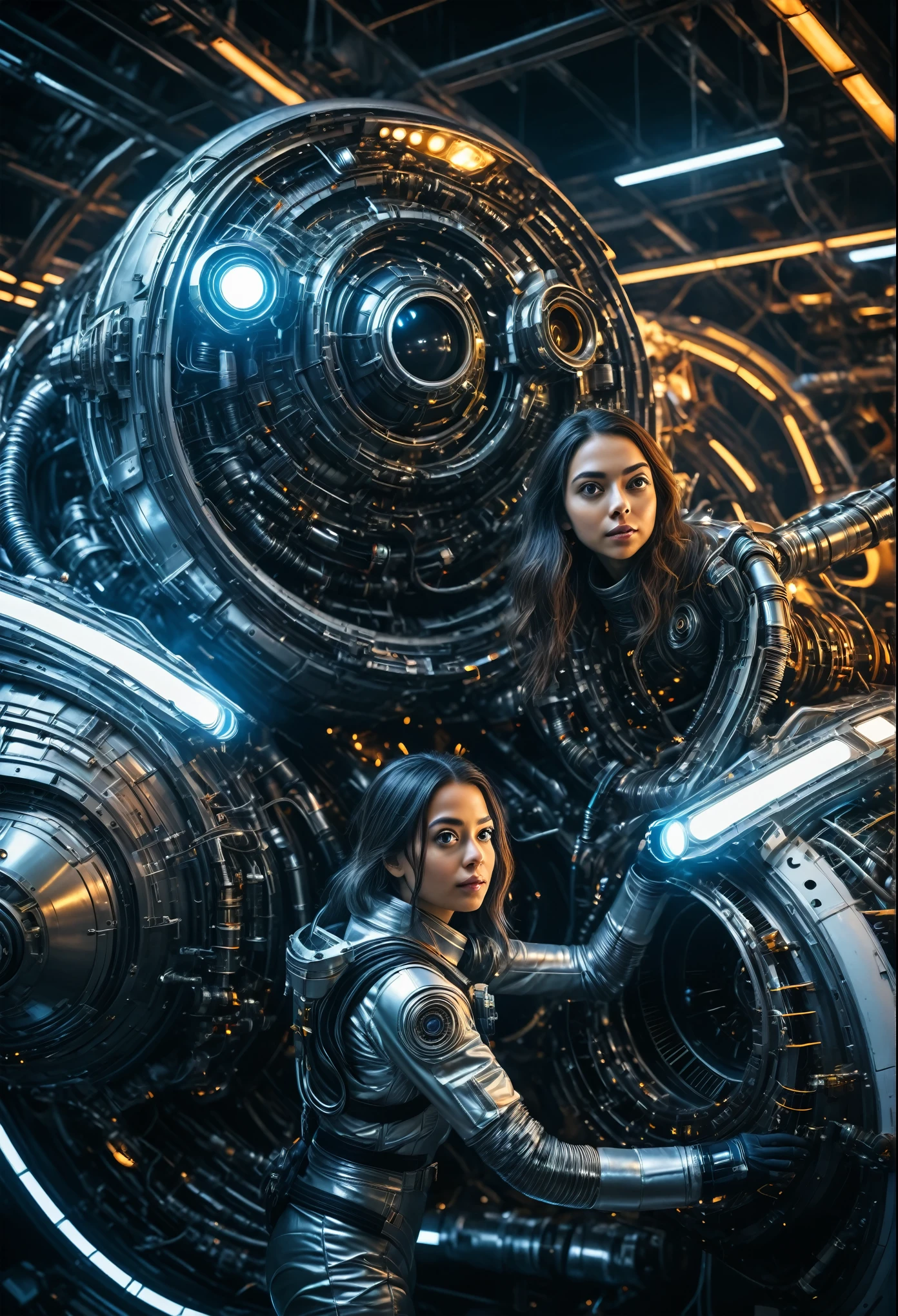 Candid photo of female engineer repairing a massive spaceship - SeaArt AI