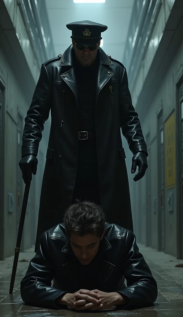 Evil Guy Prison Guard in black Leather Uniform, Leather Gloves - SeaArt AI