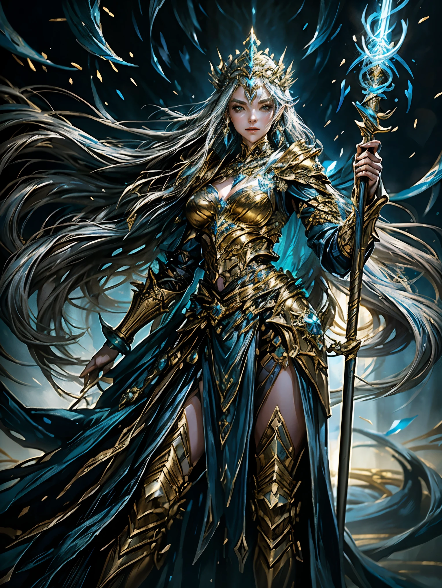 A fantasy warrior queen with intricate blue and gold armor, standing in ...