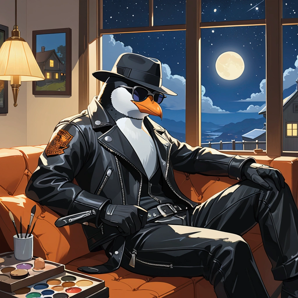 Closeup, cartoon art style, An extremely badass penguin wearing an ...