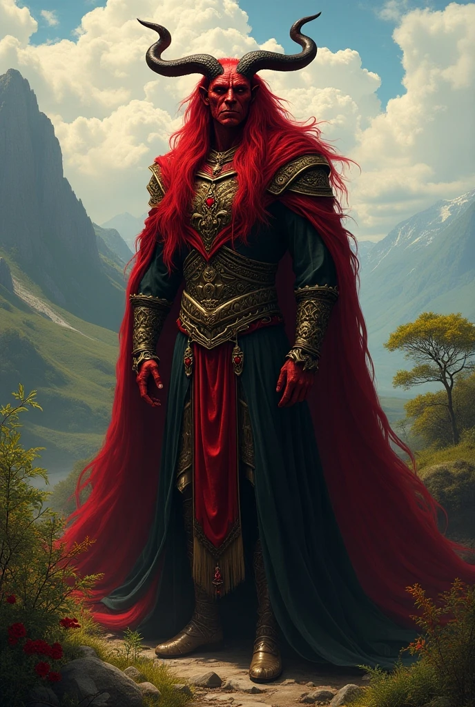 Infernal, big horned, long haired, red skin color, with elegant clothes ...