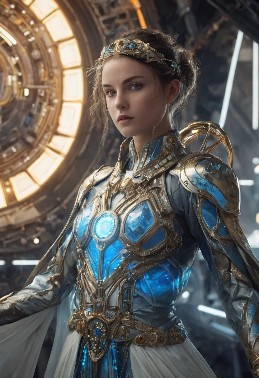 A young female mage with short hair and glowing blue eyes, wearing a ...