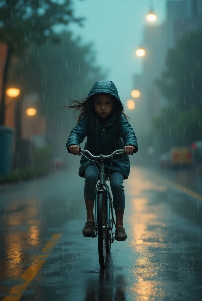 Girl riding a bicycle in heavy rain - SeaArt AI